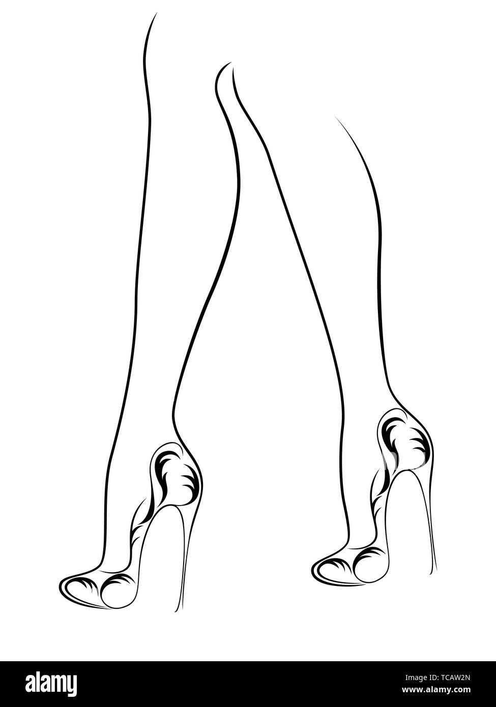 Sketching outline of graceful female feet in elegant shoes with ...