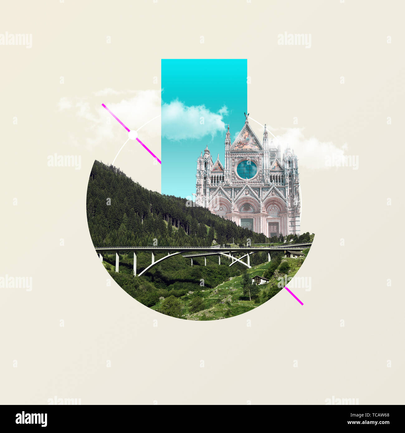 Castle, bridge and meadows with the clouds. Concept of interaction of ...