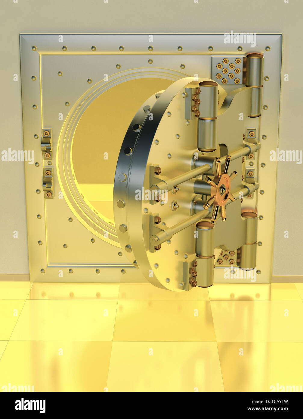 Front view of light gold bank vault door, closed. The door to the bank ...