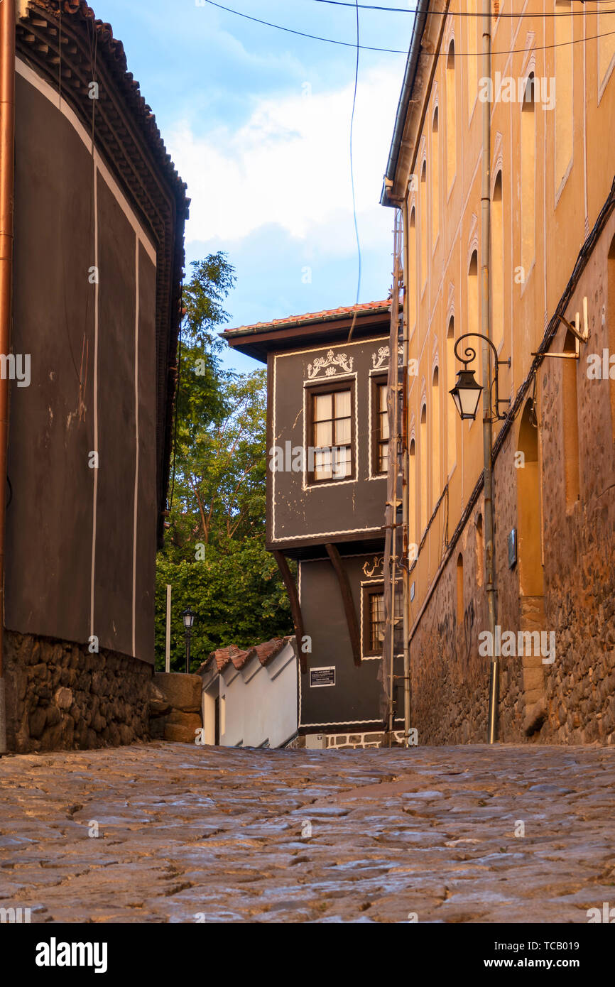 PLOVDIV, BULGARIA - MAY 30, 2019: Cobblestone Street in architectural ...