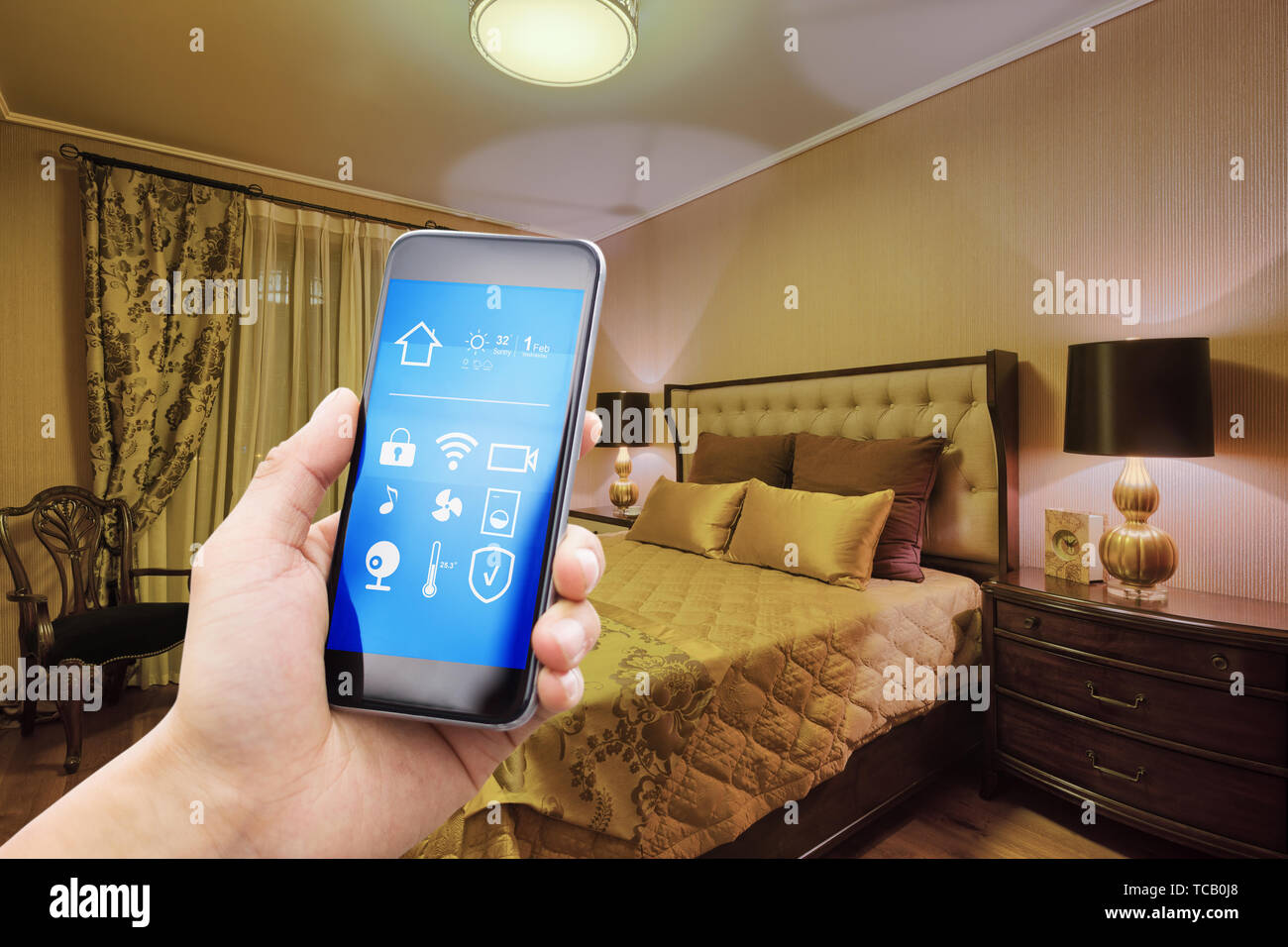 smart phone with smart home and modern bedroom Stock Photo - Alamy