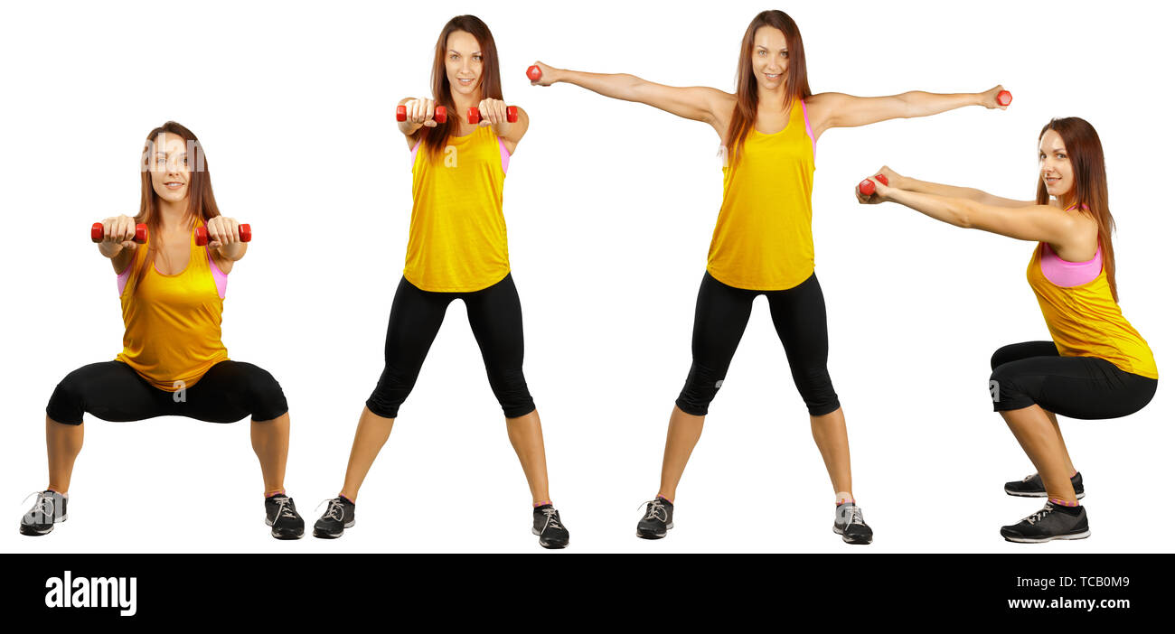 Collage of different fitness exercises isolated on a white background ...