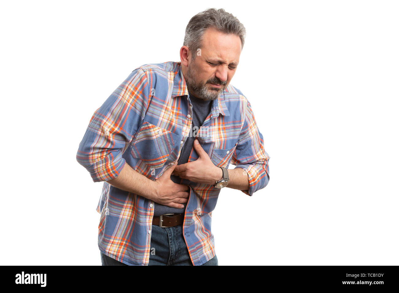 Man having gastric health problems touching stomach with nauseous ...