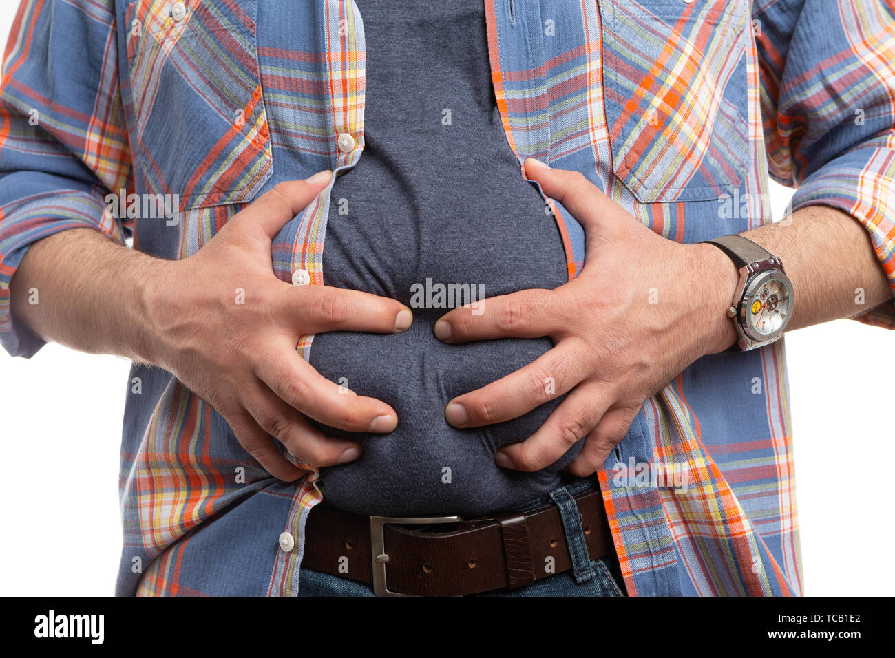 Closeup of bloated man touching hurting belly as gastric health ...