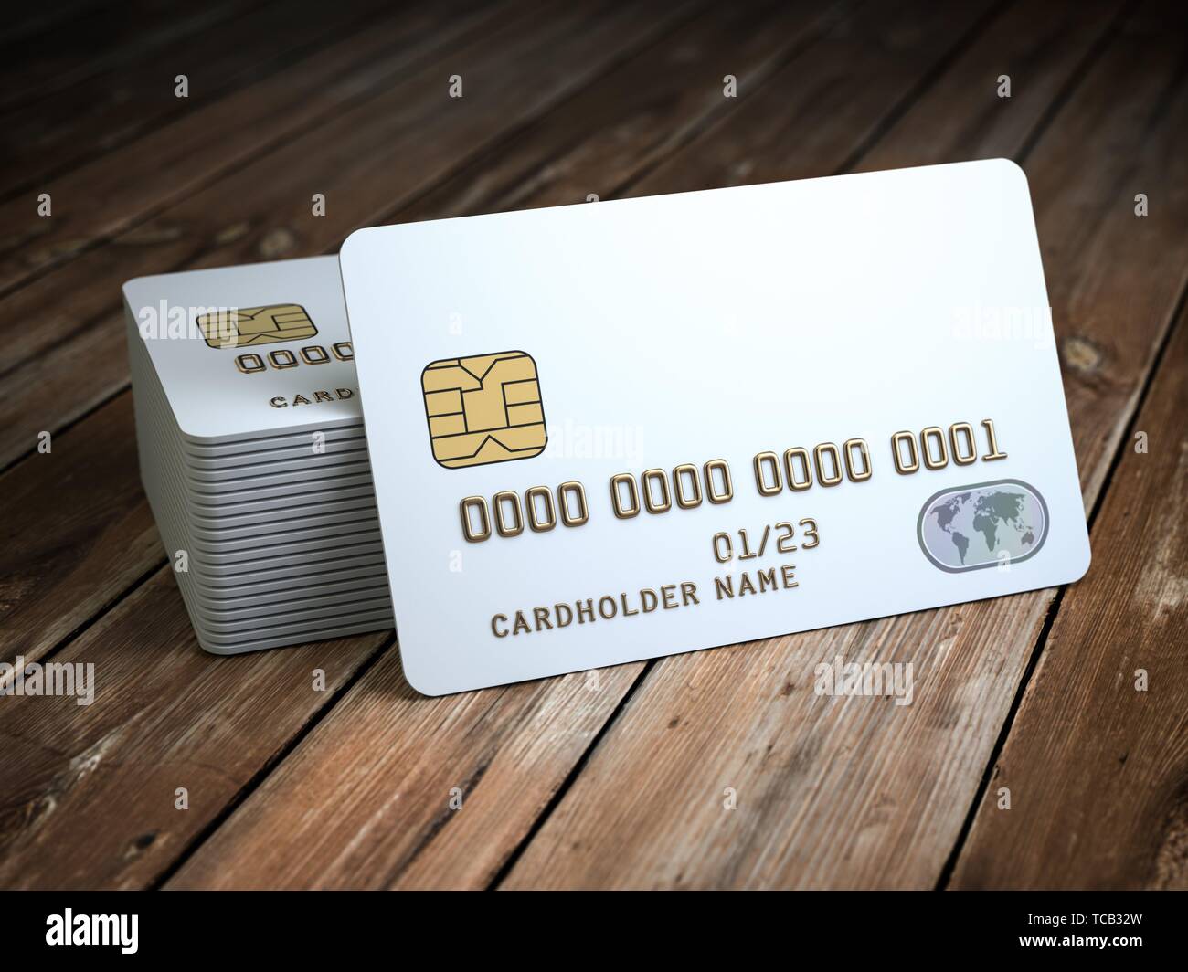 Stack of white blank credit cards mockup on wooden table background. 3d ...