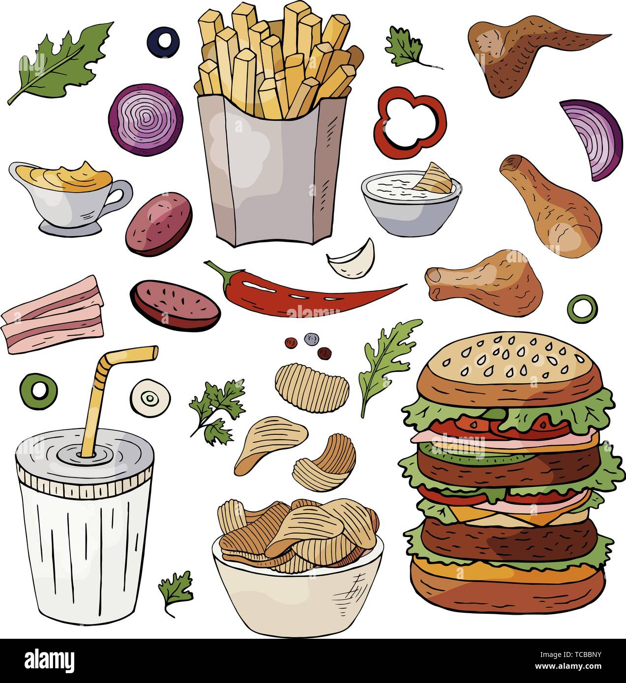 Set of fast food color elements sandwiches, burgers, snacks isolated on ...