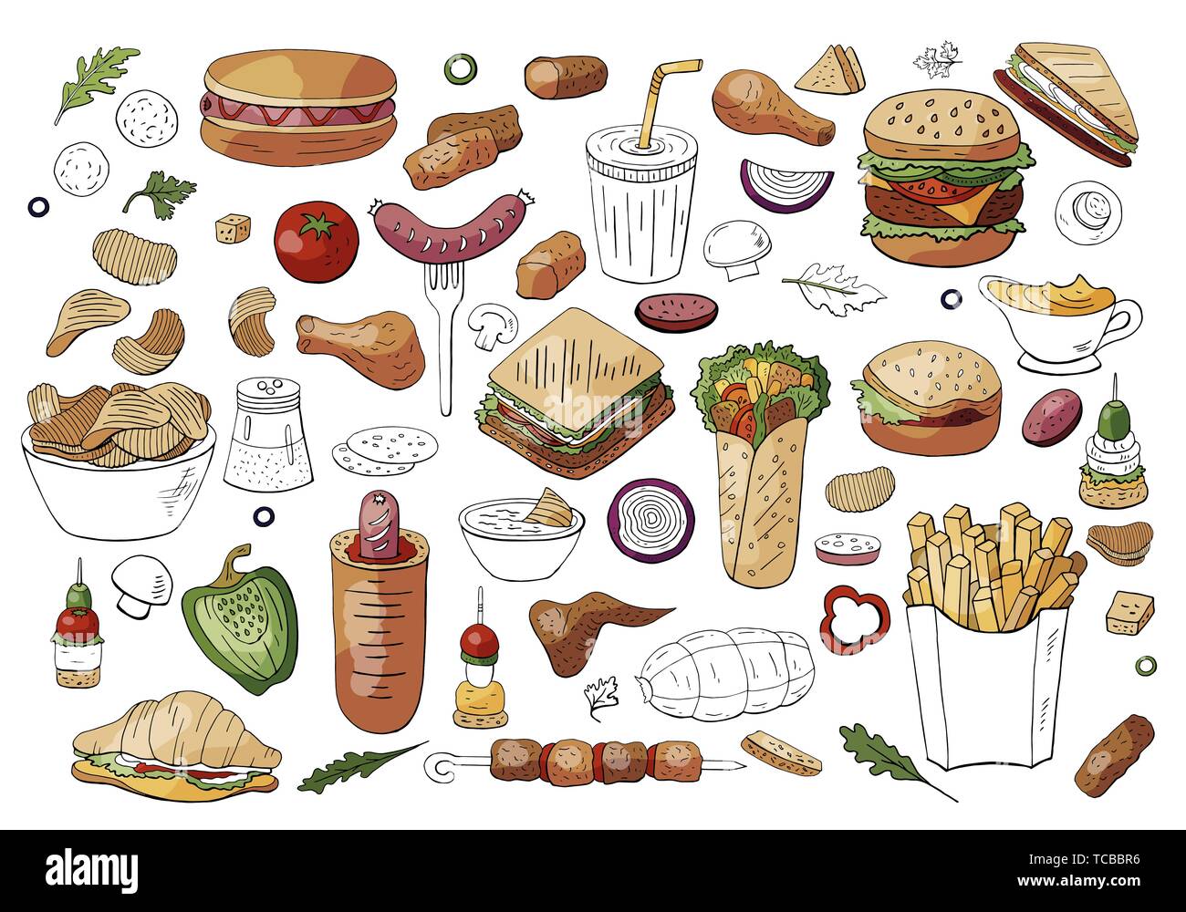 Big set of fast food color elements sandwiches, burgers, snacks ...