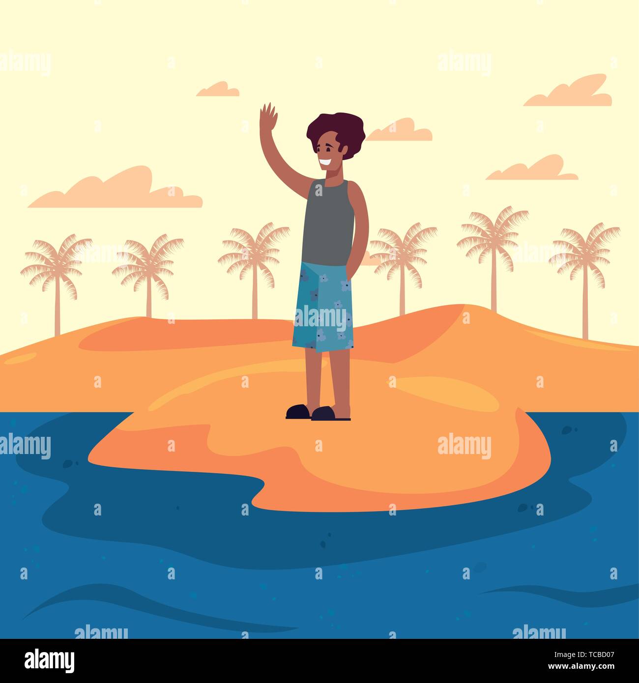 summer time holiday man waving hand in the beach vector illustration ...