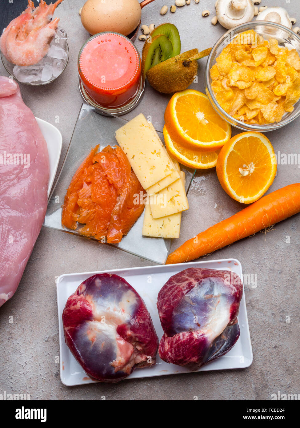 Foods rich in natural vitamin D as fish, eggs, cheese, shrimps, caviar ...
