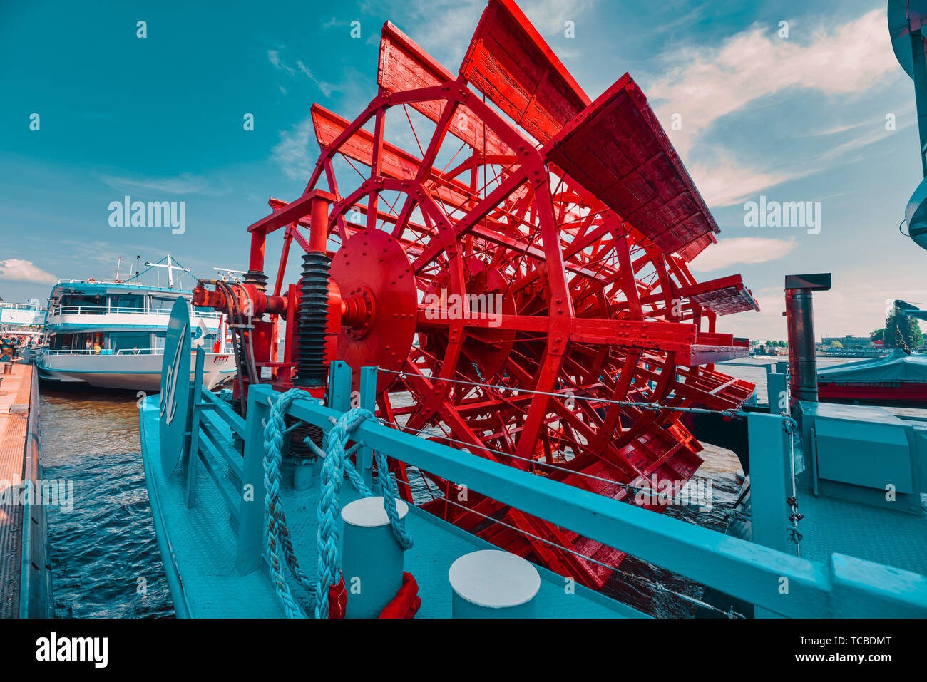 HAMBURG, GERMANY - June 01, 2019: The red paddle wheel of the famous ...