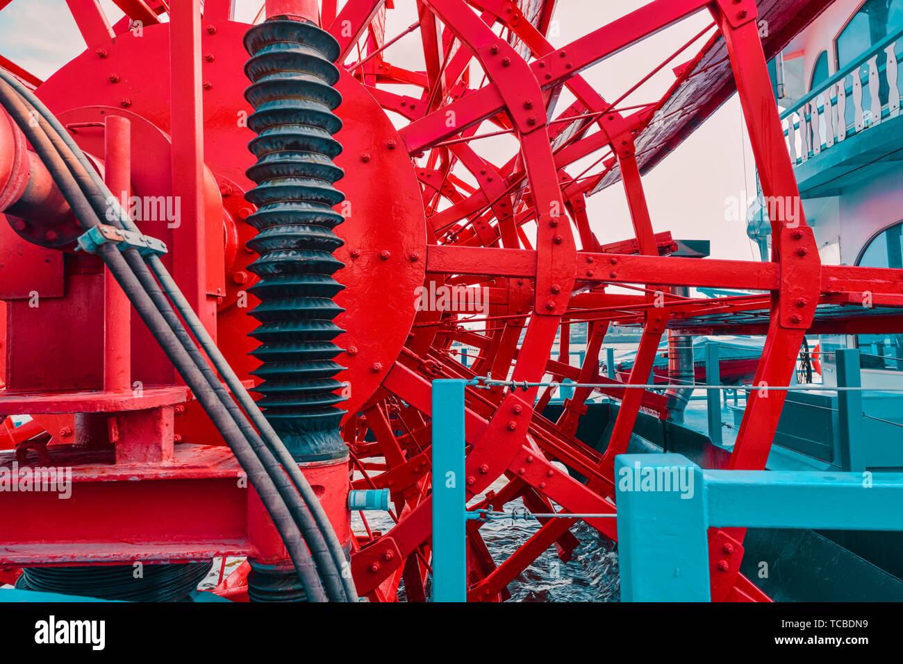 HAMBURG, GERMANY - June 01, 2019: The red paddle wheel of the famous ...
