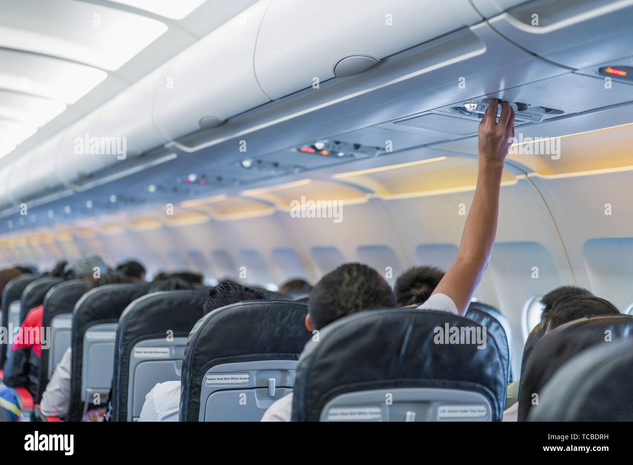 Asian couple people cabin crew, hand up to adjust console panel; the ...