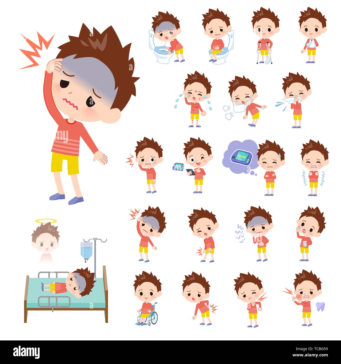 A set of boy with injury and illness.There are actions that express ...