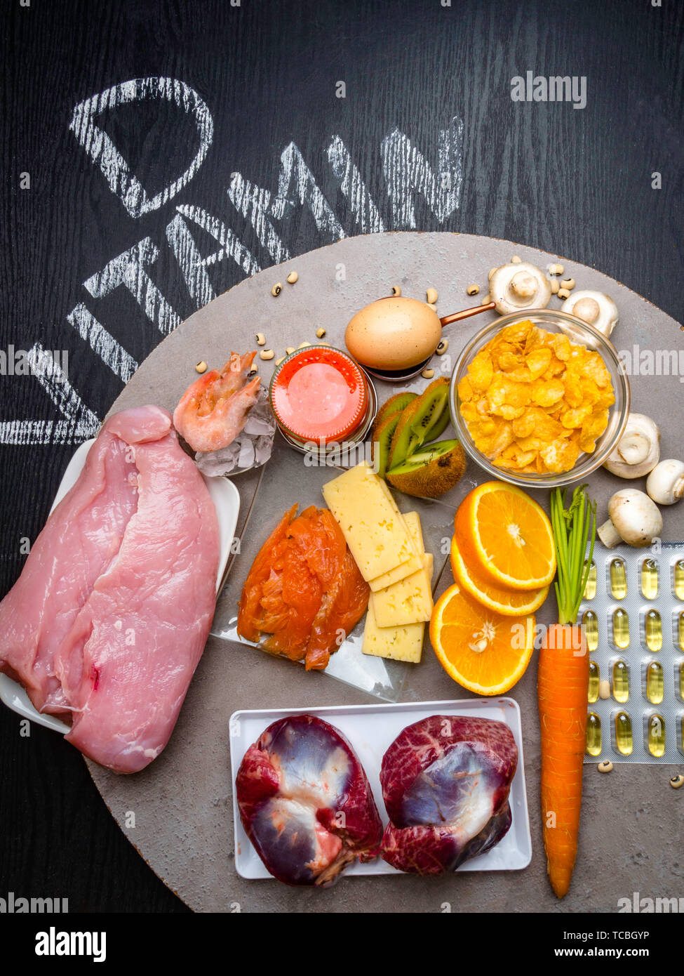 Foods rich in vitamin D and pills, top view Stock Photo - Alamy