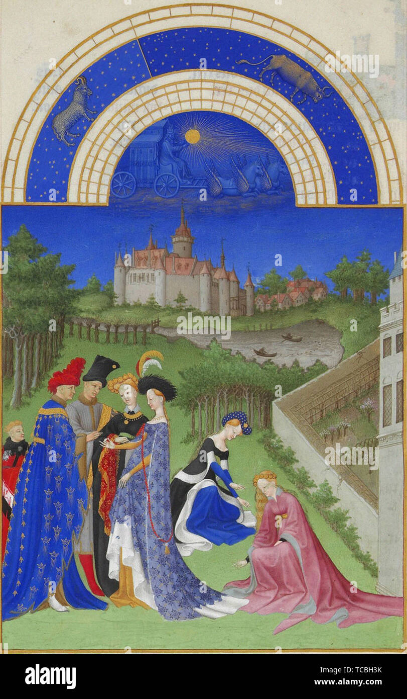 Limbourg brothers- April Courtly Figures Castle Grounds Stock Photo - Alamy