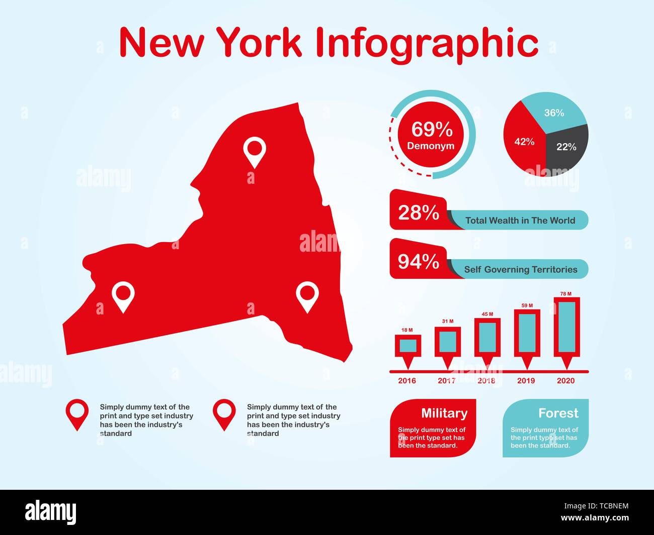 New York State (USA) Map with Set of Infographic Elements in Red Color ...