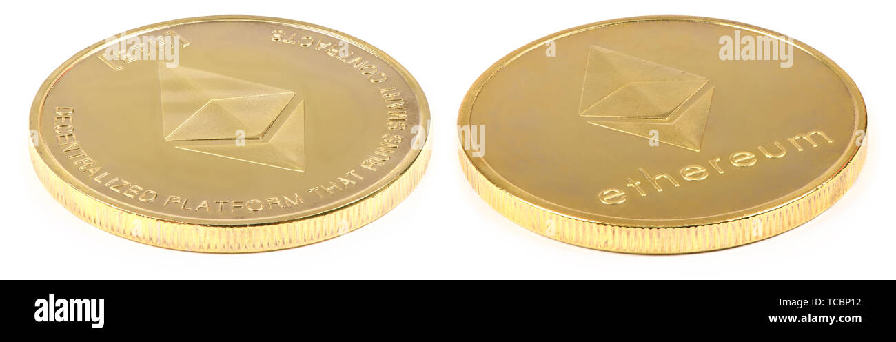 Golden ethereum isolated on white background. Front and back sides are ...