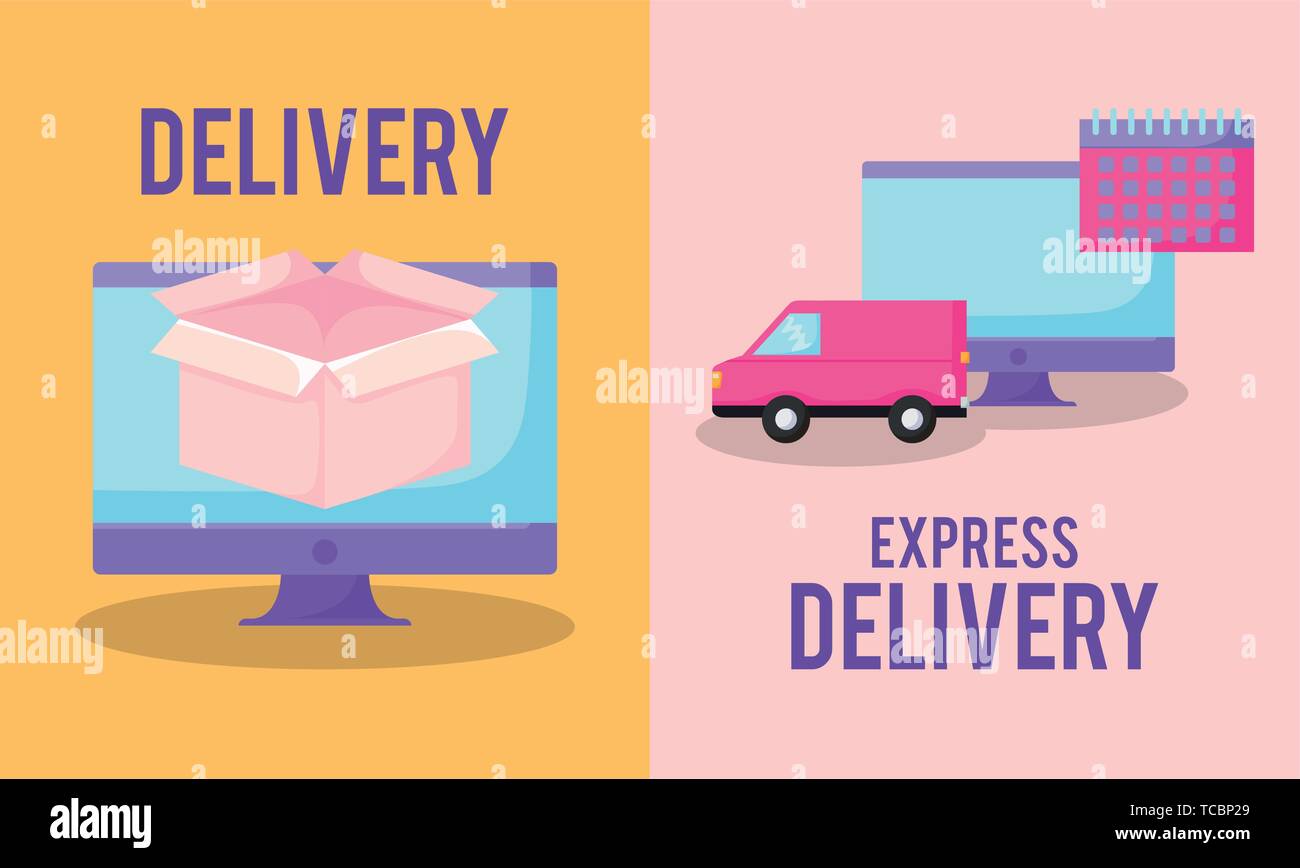 delivery service with monitor computer and set icons vector ...