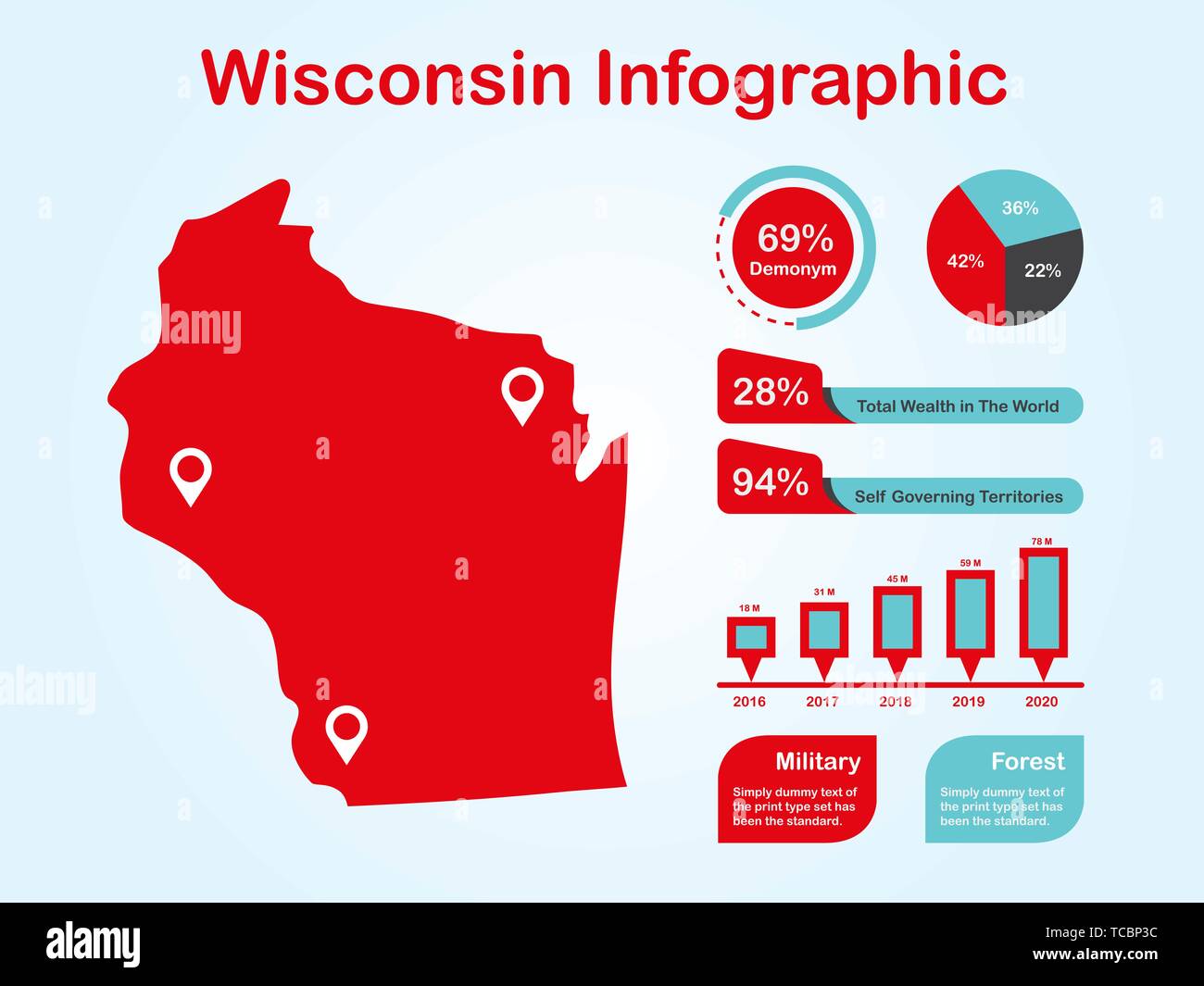 Wisconsin State (USA) Map with Set of Infographic Elements in Red Color ...