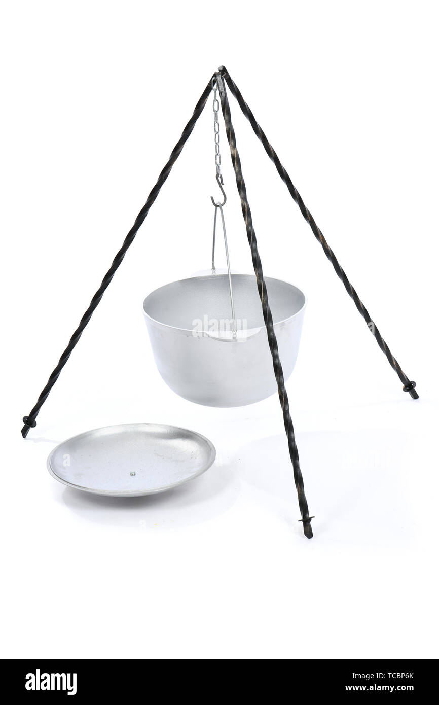 Cast-iron cauldron with cover for camping isolated on white background ...