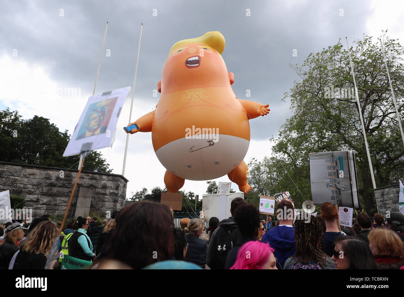 The Trump baby blimp is flown at the Garden of Remembrance in Dublin ...