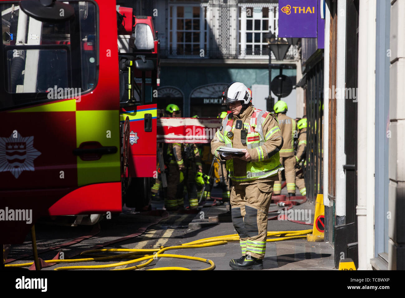 London, UK. 6 June, 2019. London Fire Brigade attends to a fire at a ...