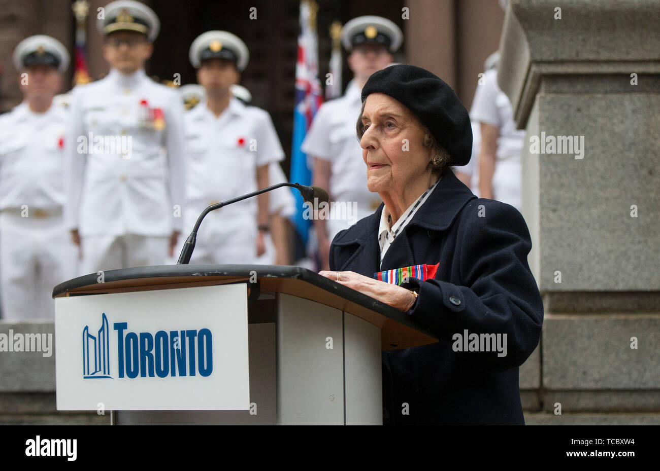 Toronto, Canada. 6th June, 2019. Veteran Janet Watt speaks at a ...