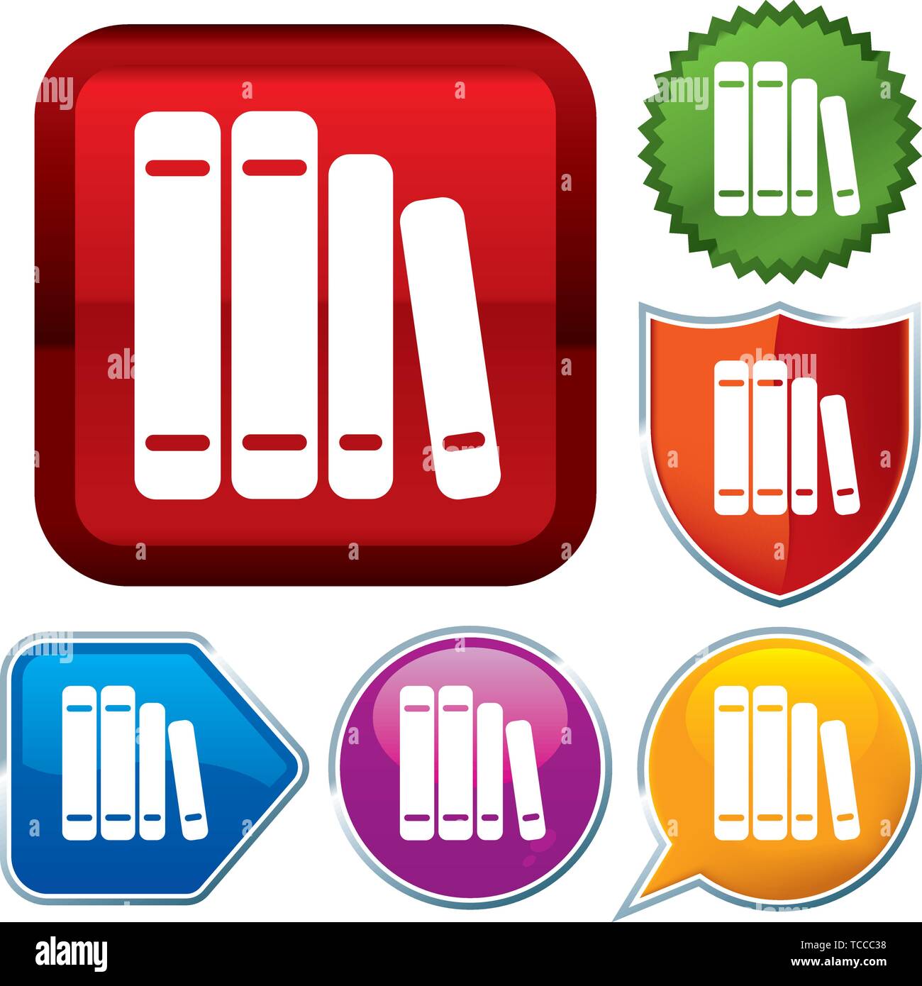 Vector illustration. Set shiny icon series on buttons. Books Stock ...