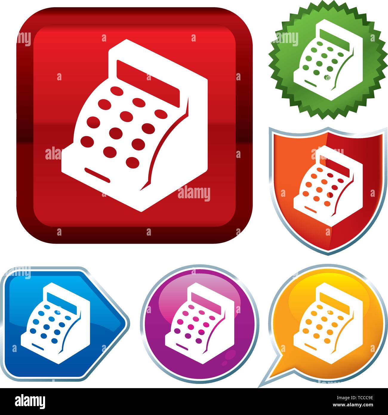 Vector illustration. Set shiny icon series on buttons. Cash register ...