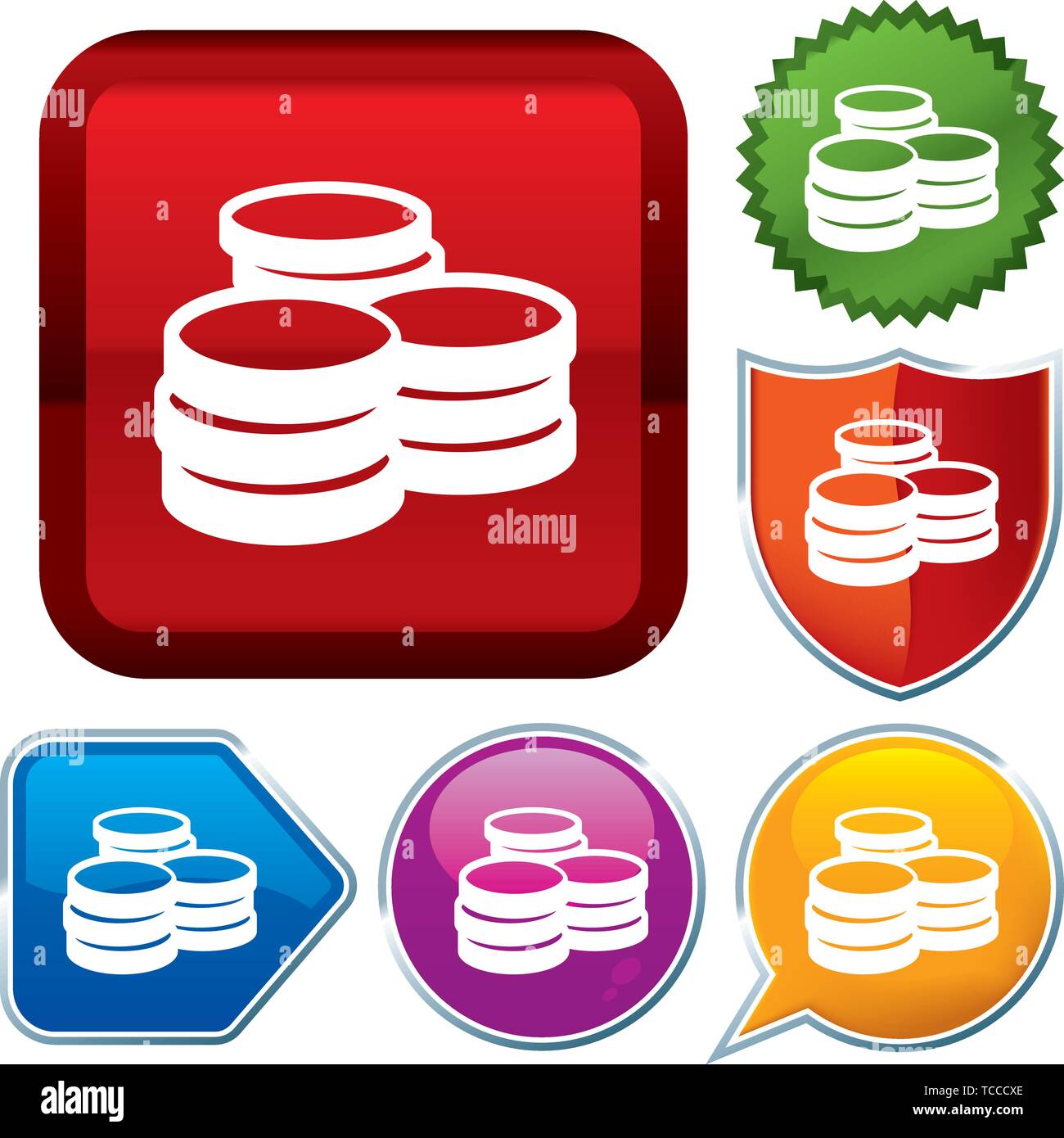 Vector illustration. Set shiny icon series on buttons. Coins Stock ...