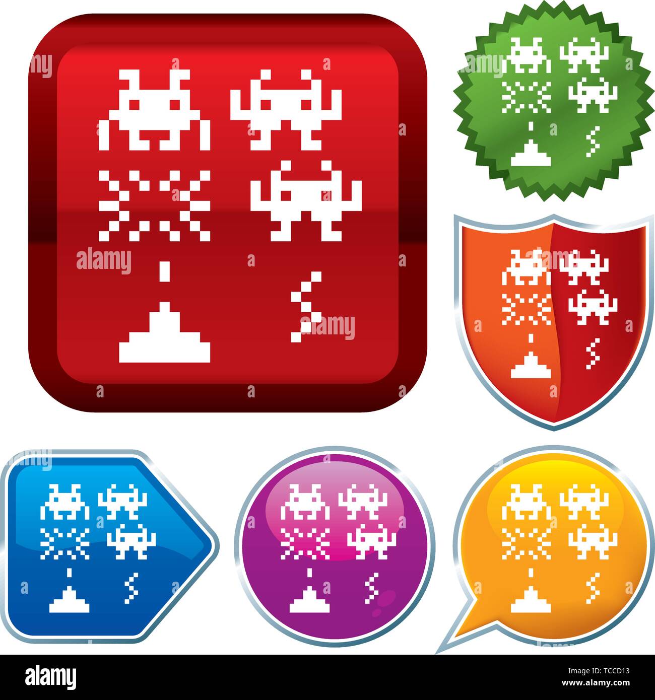 Vector illustration. Set shiny icon series on buttons. Computer game ...