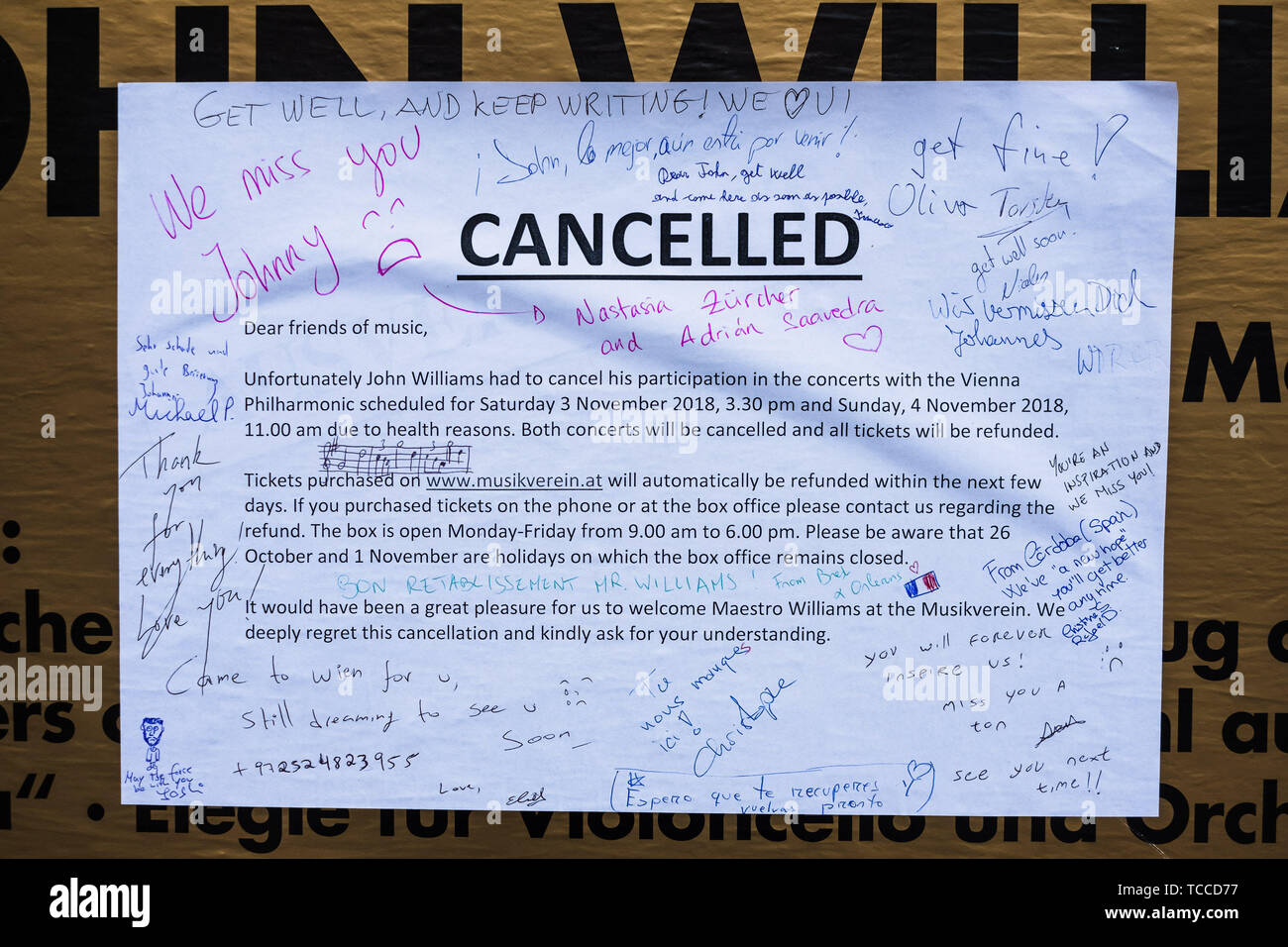 Notice announcing Composer John Williams cancelled a concert in Vienna ...