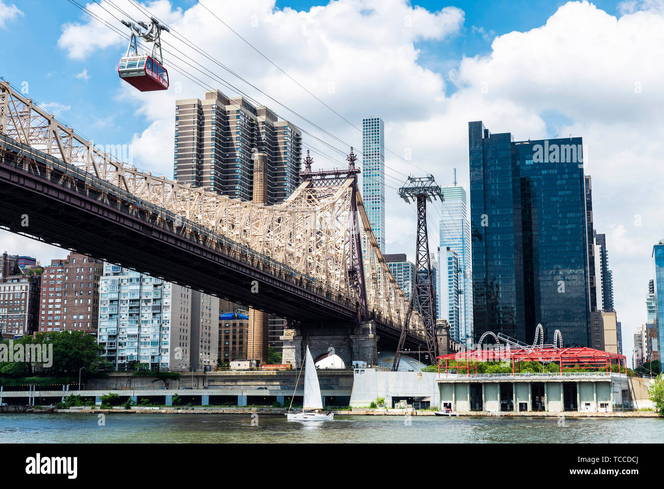 Low angle view of the Ed Koch Queensboro Bridge and an aerial tramway ...