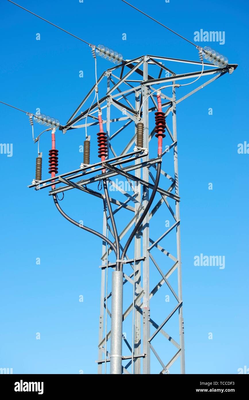 Power line with clear blue sky Stock Photo - Alamy