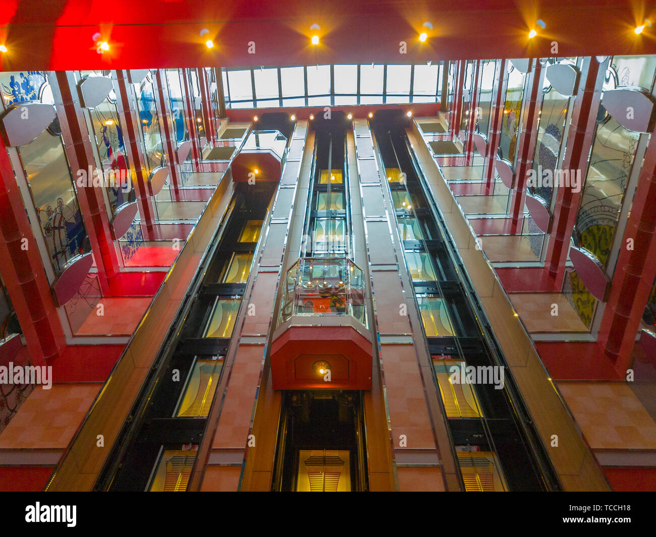 VENEZIA ITALY - OCTOBER 27 2018: red lifts inside Costa Deliziosa ...