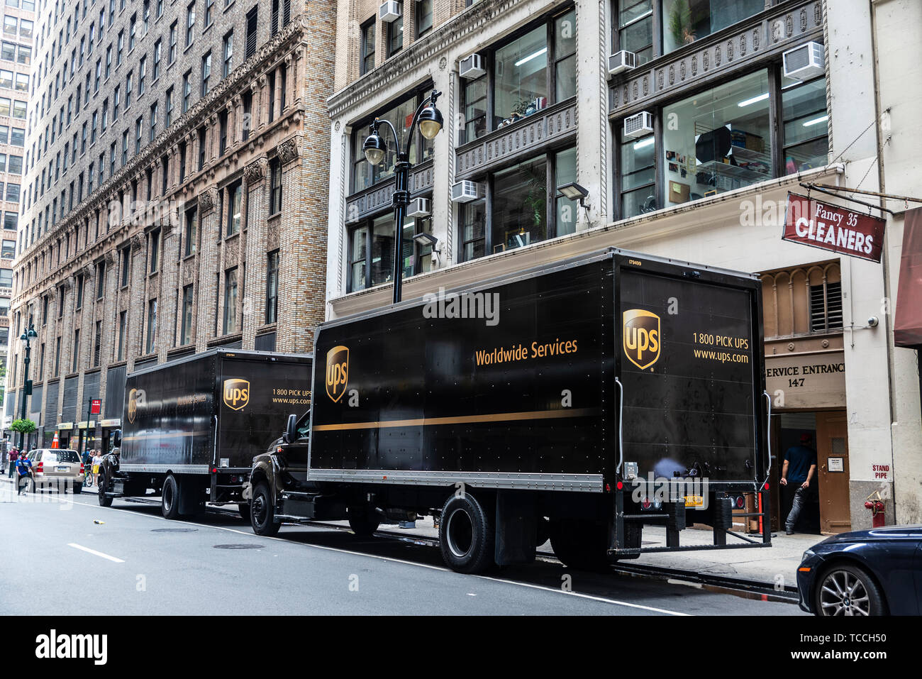 New York City, USA - July 31, 2018: UPS transportation company trucks ...