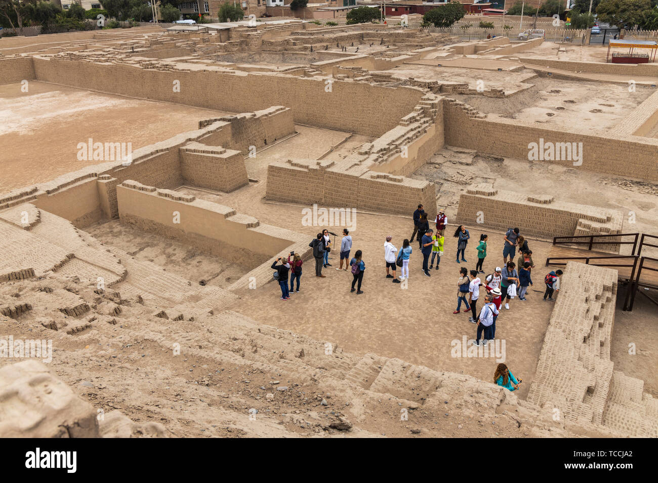 Tourists on a guided tour of Huaca Pucllana, pre Columbian, pre Inca ...