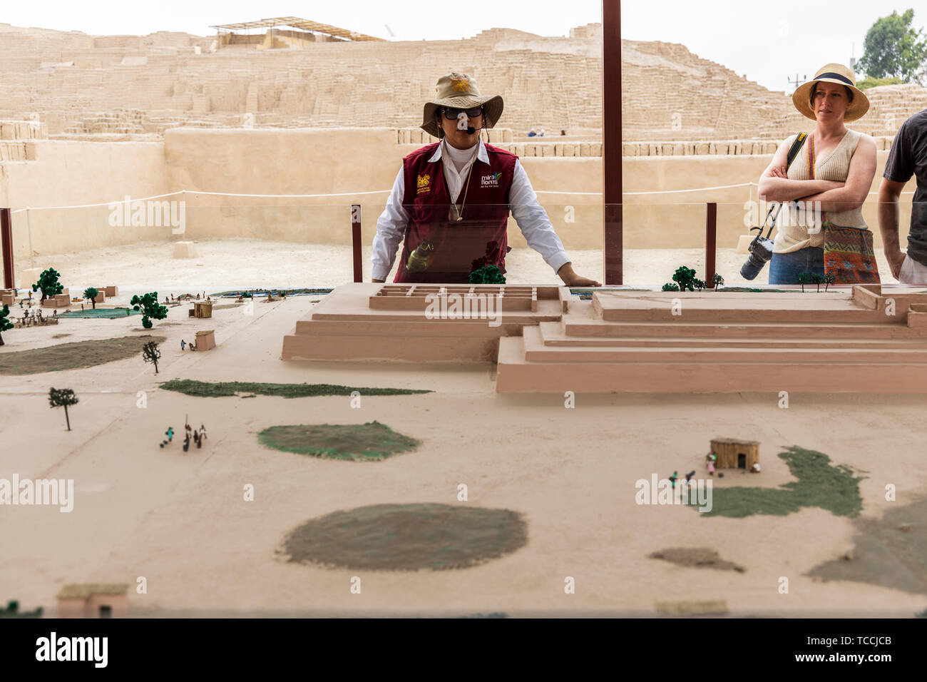 Tourists on a guided tour of Huaca Pucllana, pre Columbian, pre Inca ...