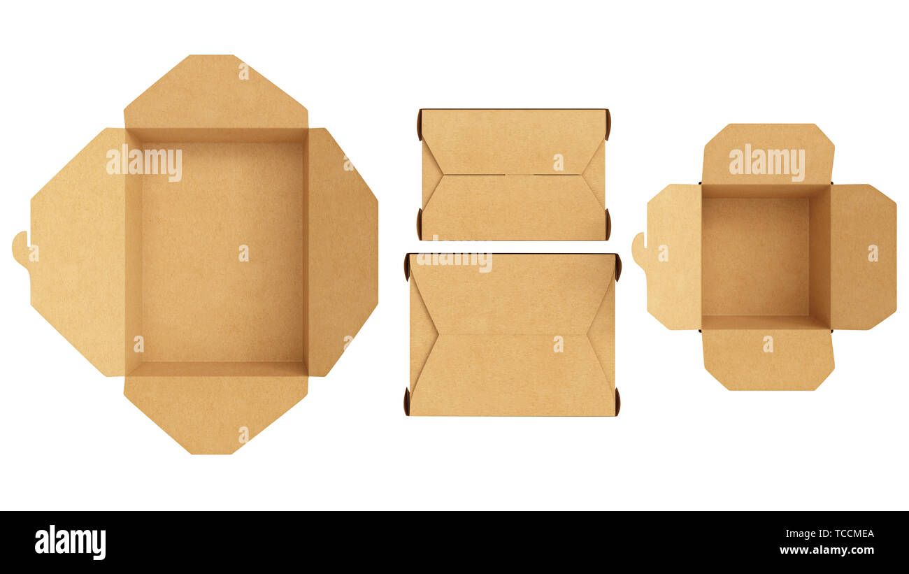 Packaging food box cardboard brown open and closed on white isolated ...