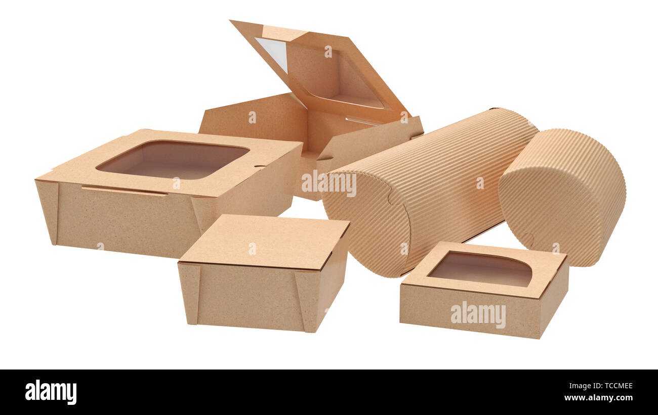 Packaging food box cardboard brown open and closed on white isolated ...