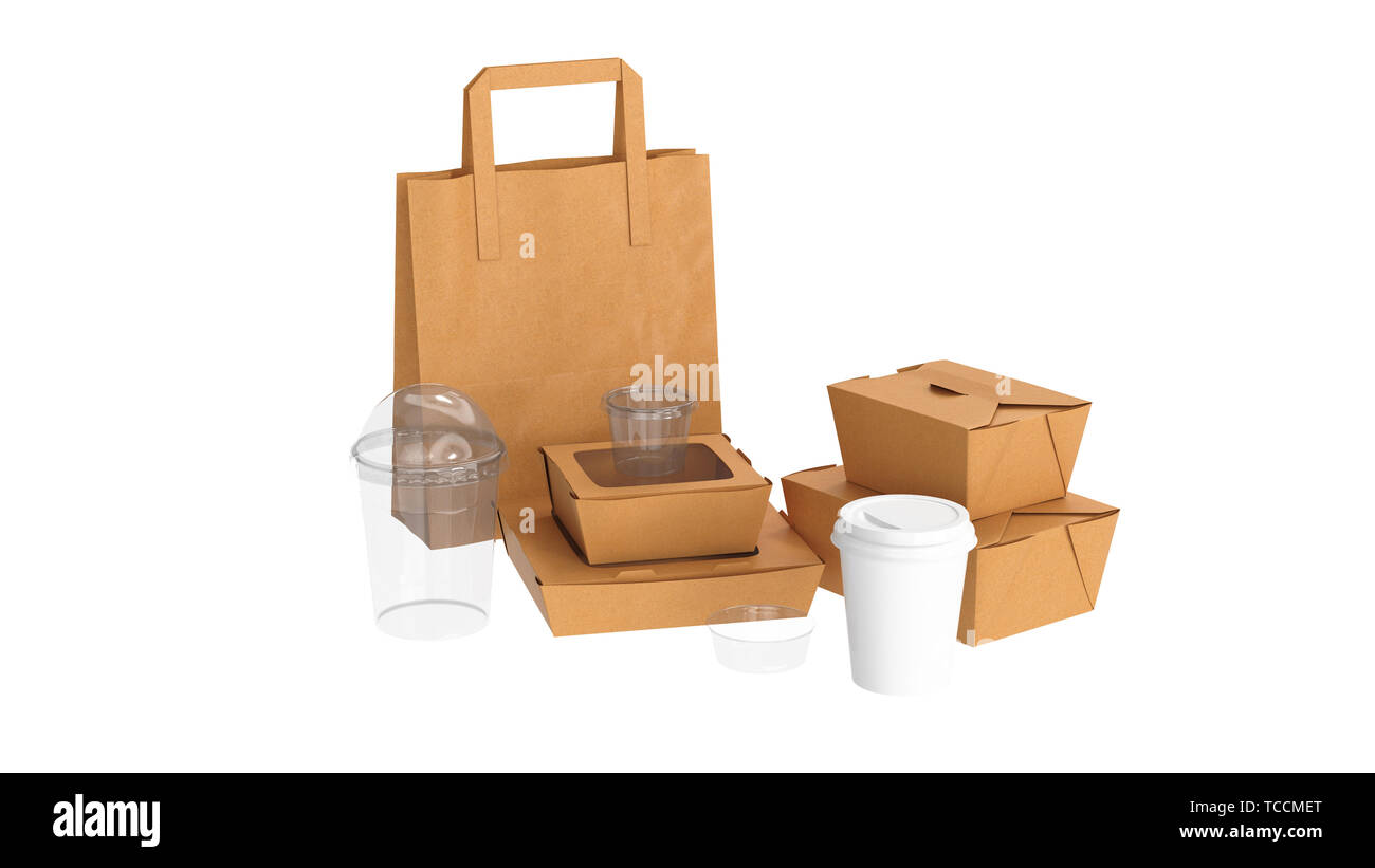 Packaging food box cardboard brown open and closed on white isolated ...