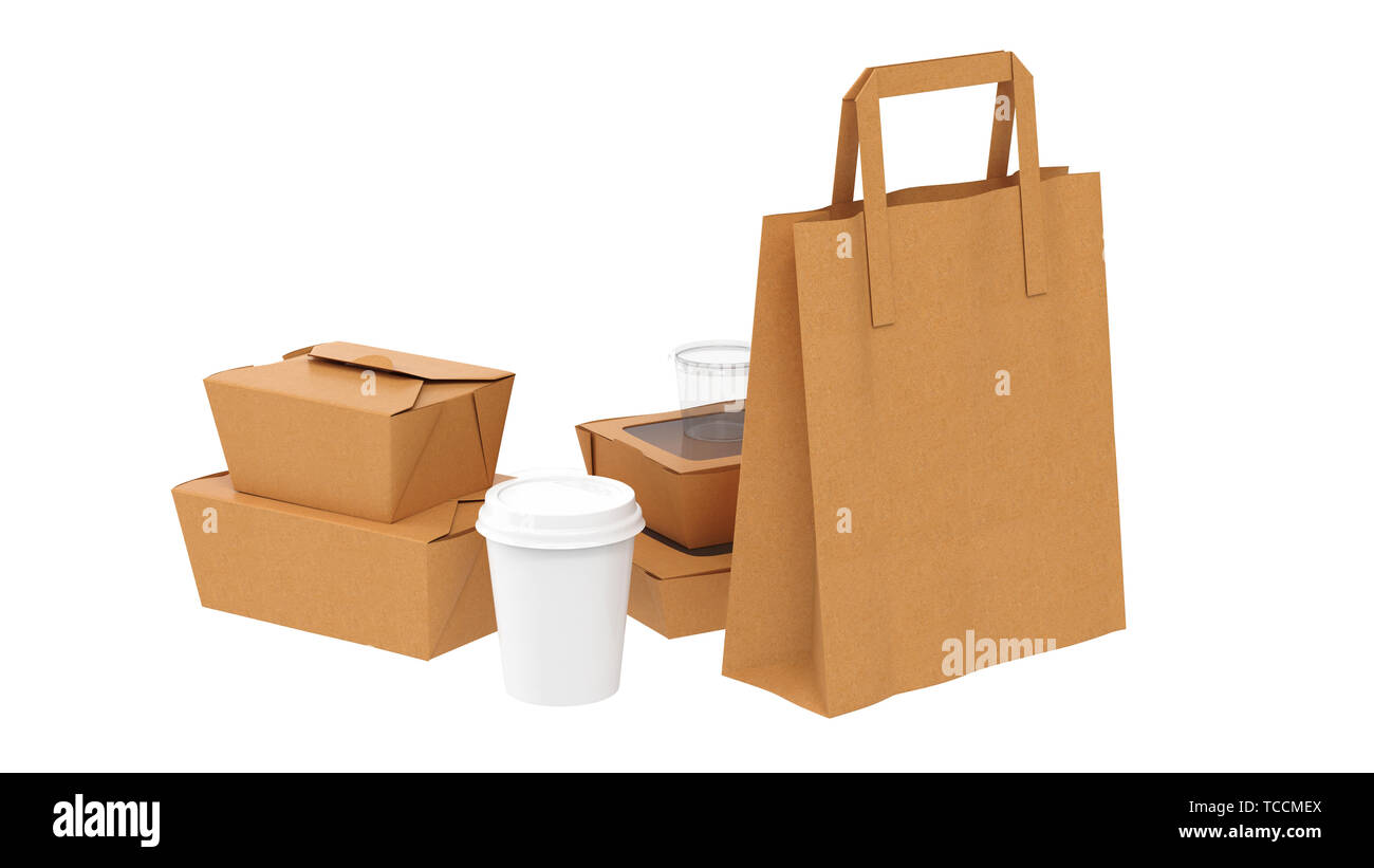 Packaging food box cardboard brown open and closed on white isolated ...