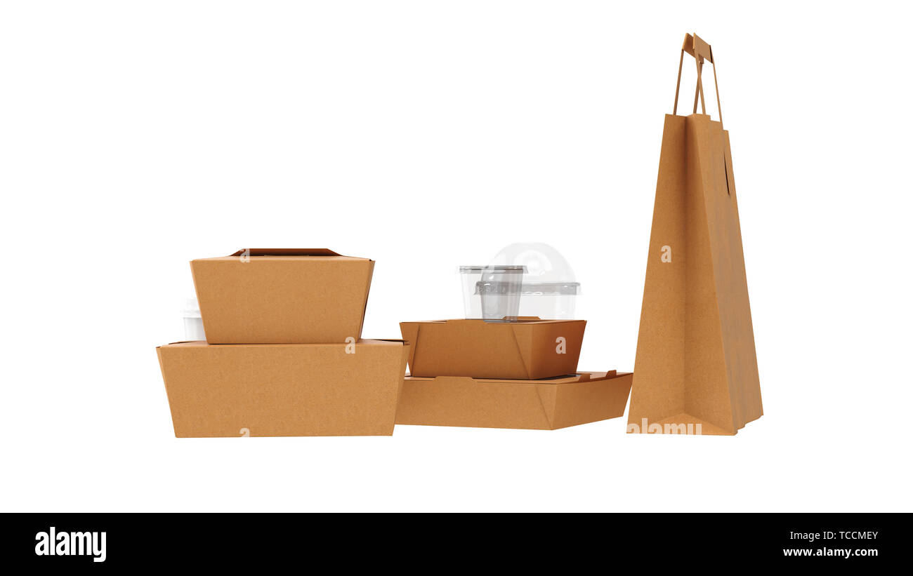 Packaging food box cardboard brown open and closed on white isolated ...