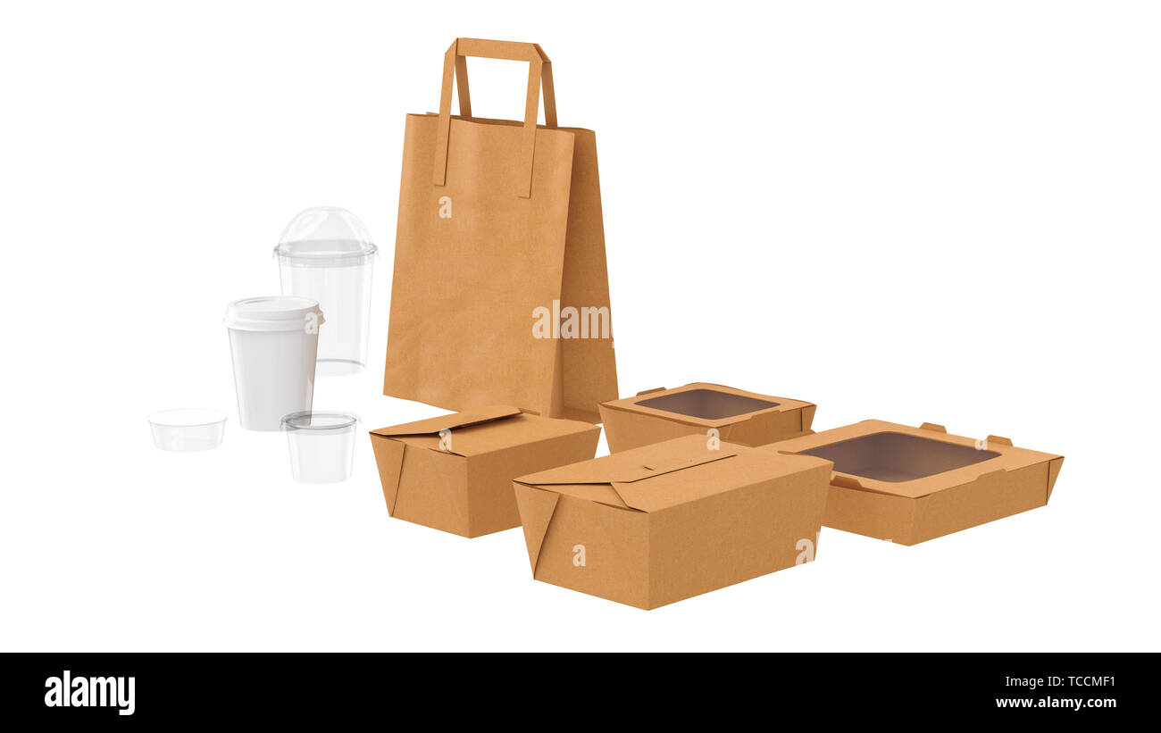 Packaging food box cardboard brown open and closed on white isolated ...