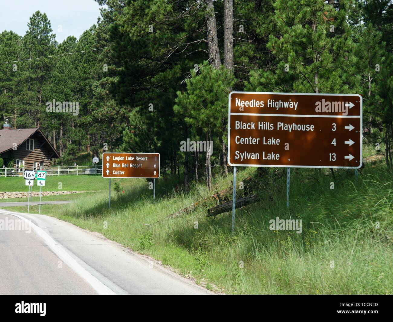 Roadside signs and directional signs at the Custer State Park, South ...