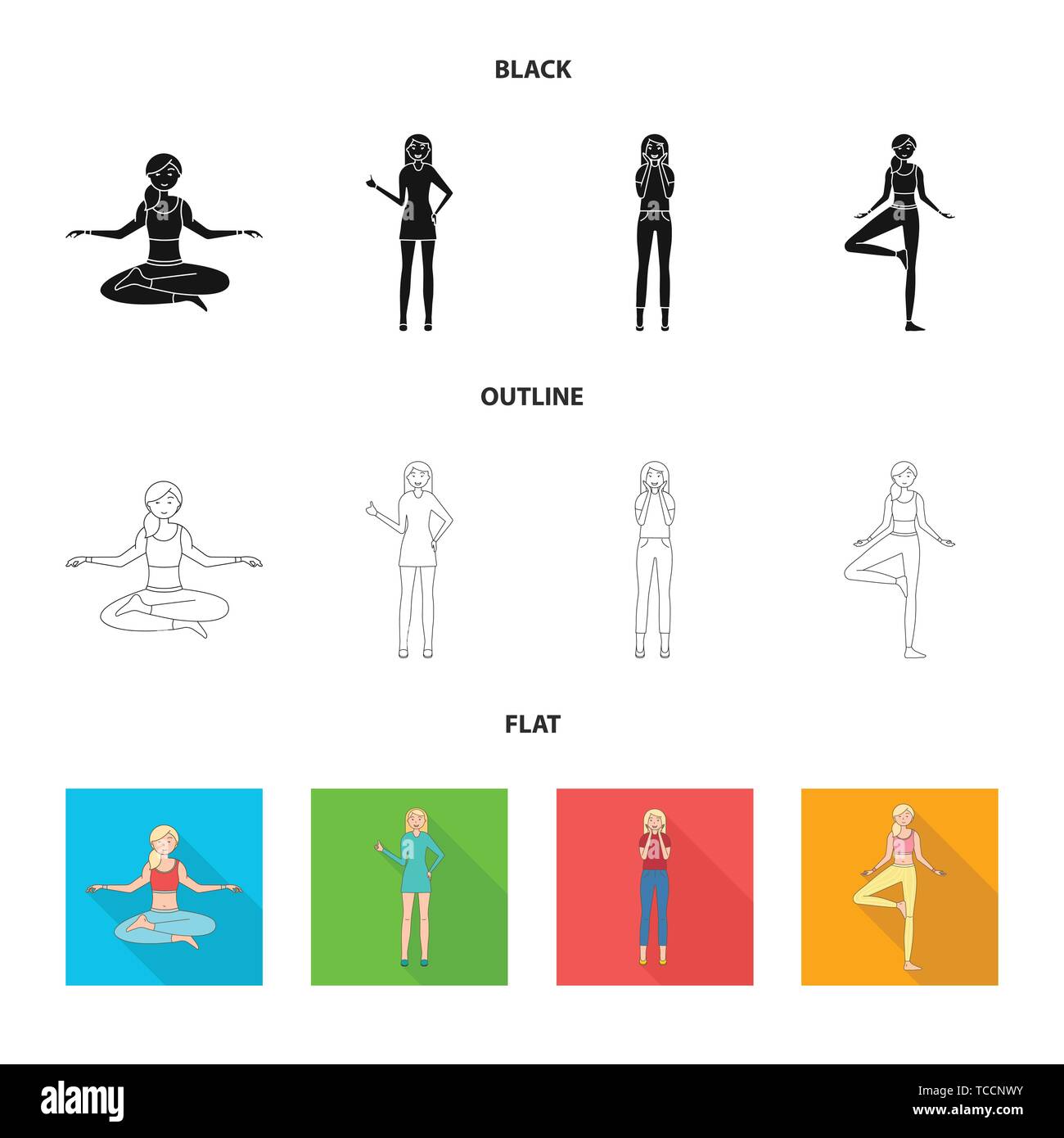 Vector illustration of posture and mood icon. Set of posture and female ...