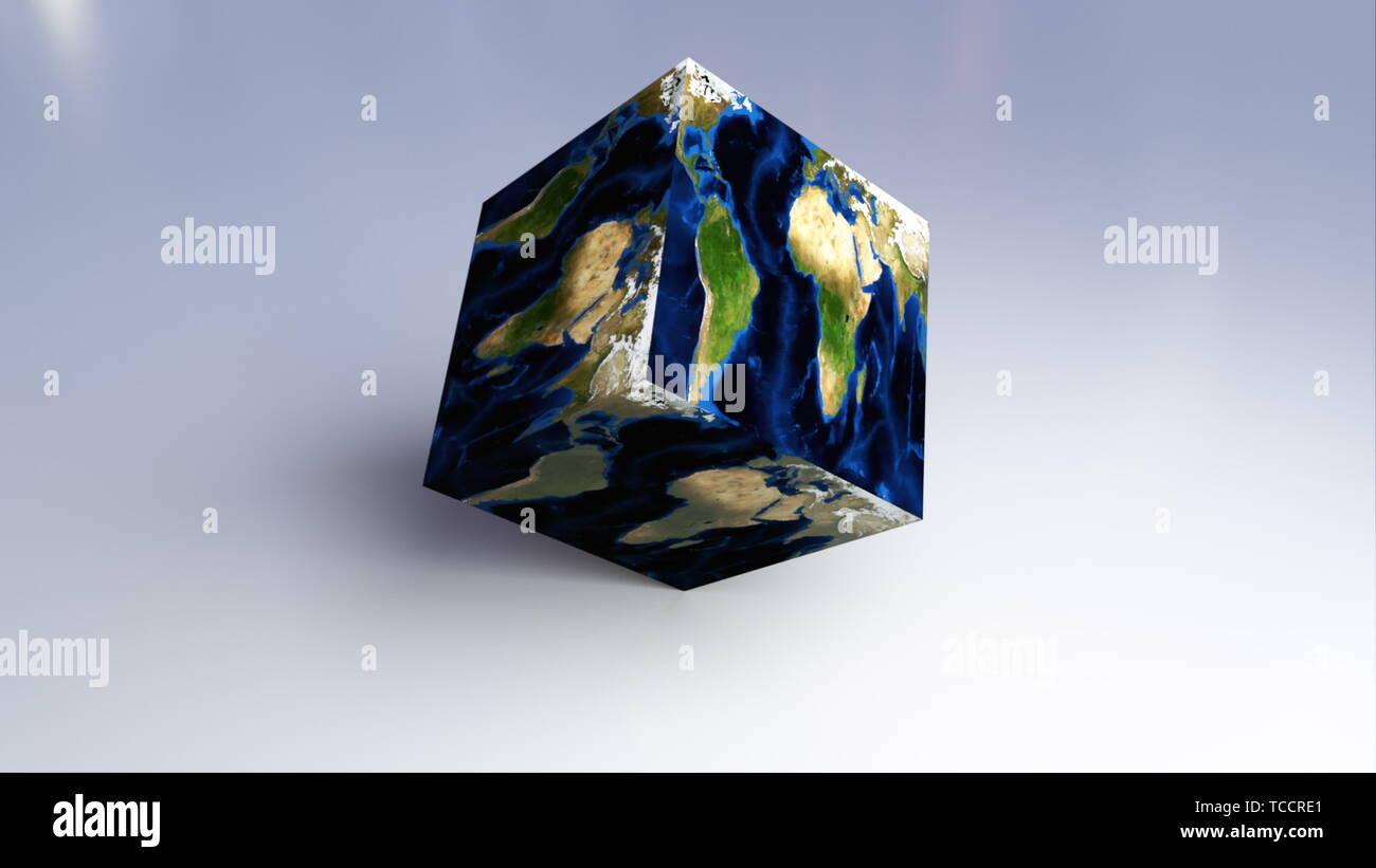 Abstract Earth square globe is on the surface, 3d render computer ...