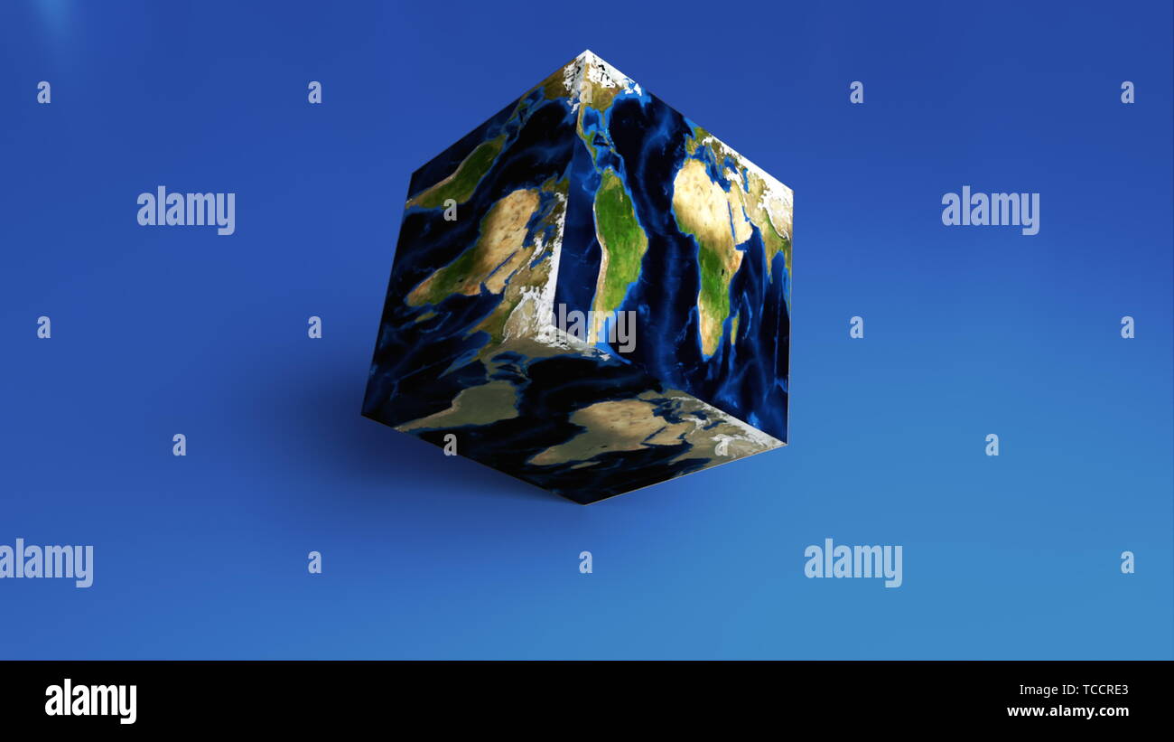 Abstract Earth square globe is on the surface, 3d render computer ...