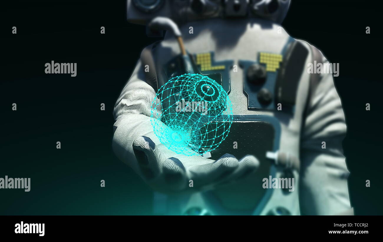 Astronaut in modern scaphandre holds connection dots, 3d rendering ...
