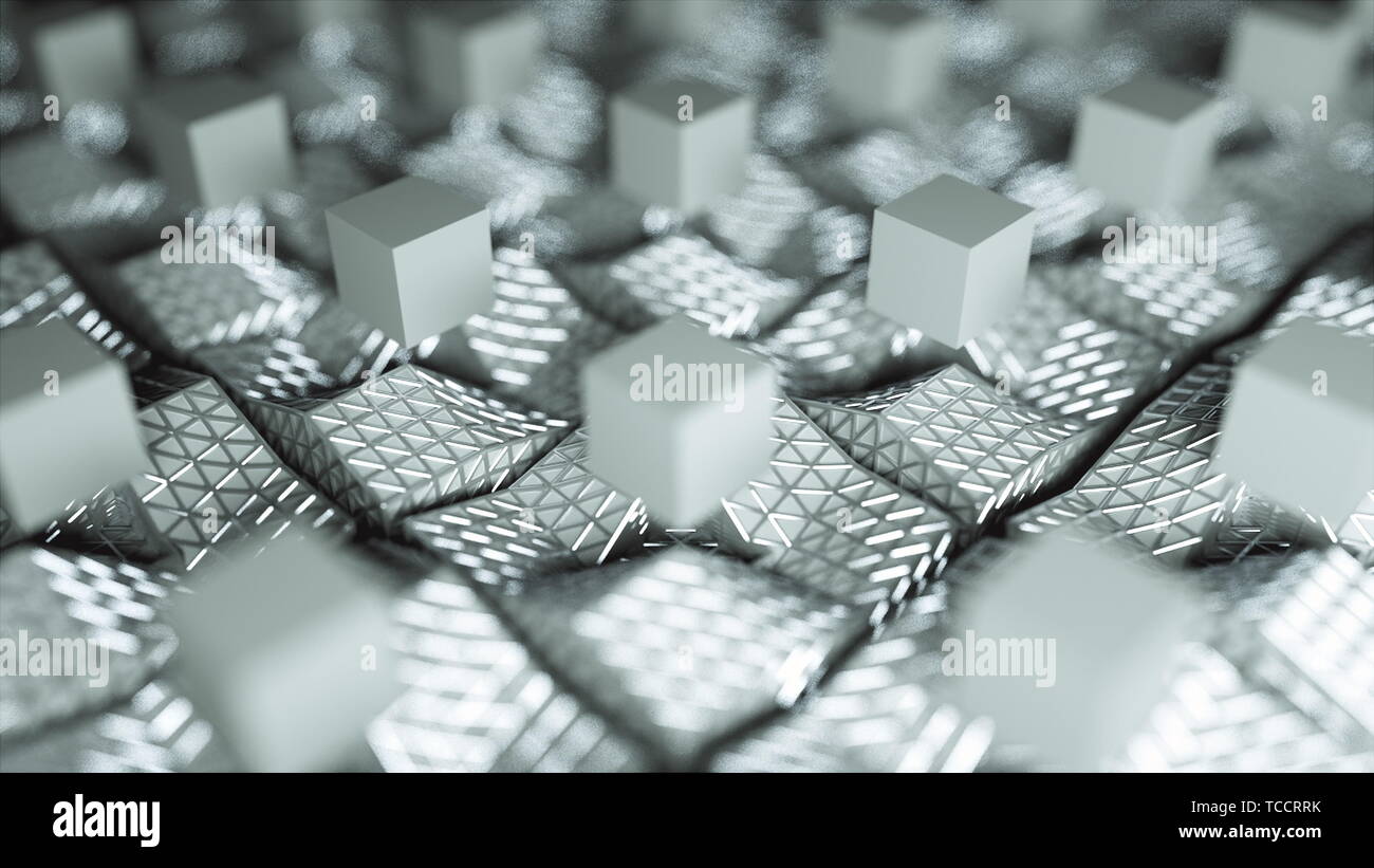 Many rising and turning cubes with shadows, computer generated modern ...